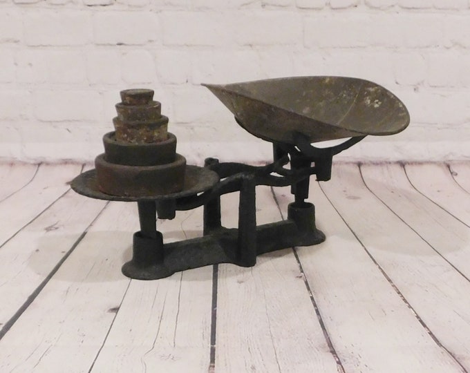 Vintage Cast Iron Balance Scale With Tin Scale Pan & Iron Weights, SC12 ...