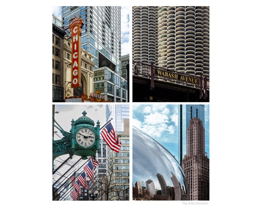 Chicago Wall Art Print Set, Set of 4 Prints, Downtown Chicago ...