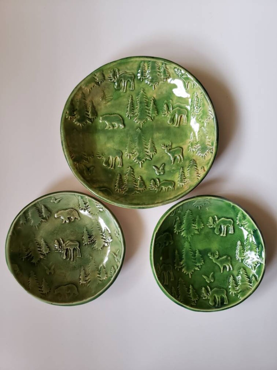 MOOSE, BEAR and DEER prep dishes, One 5 1/2 dish and Two 4 dia. dishes ...