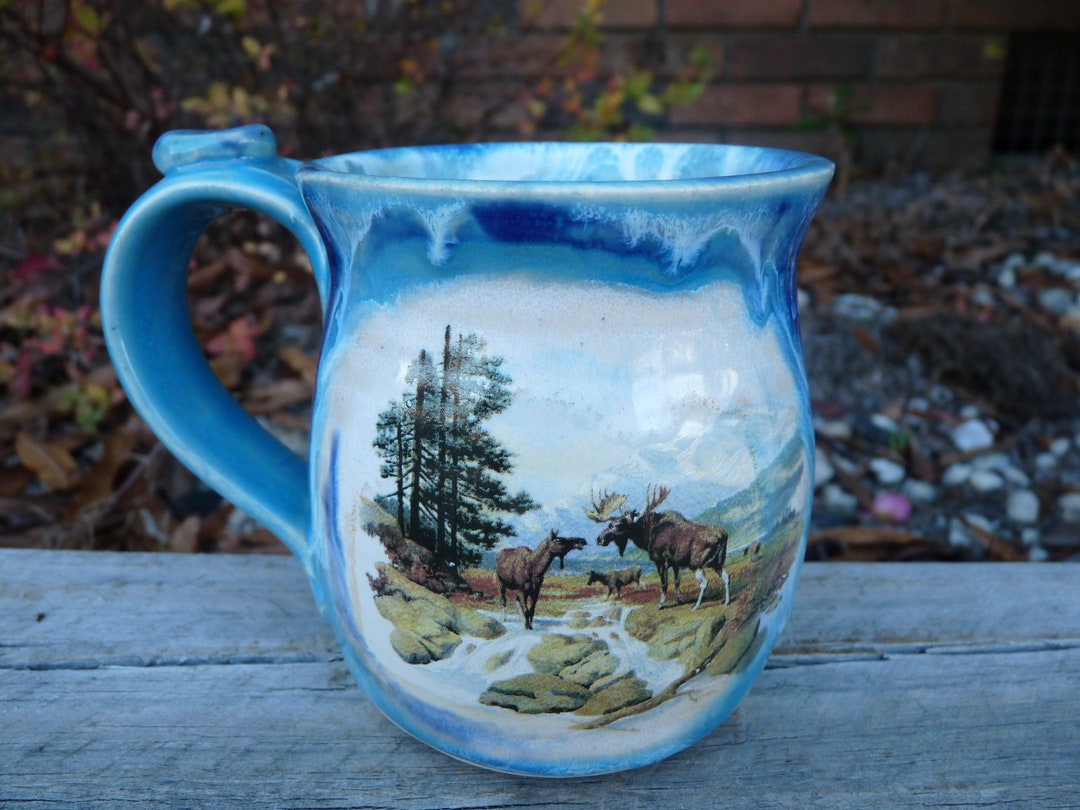 RESERVED for MADAM M, SCENIC Moose Mug, With Pine Trees, 10 Oz Icy Blue ...