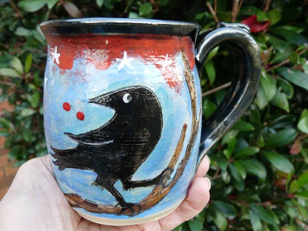 CROW MUG, RAVEN Mug With 2 Crows, Handmade Crow and Moon Mug, Gothic ...