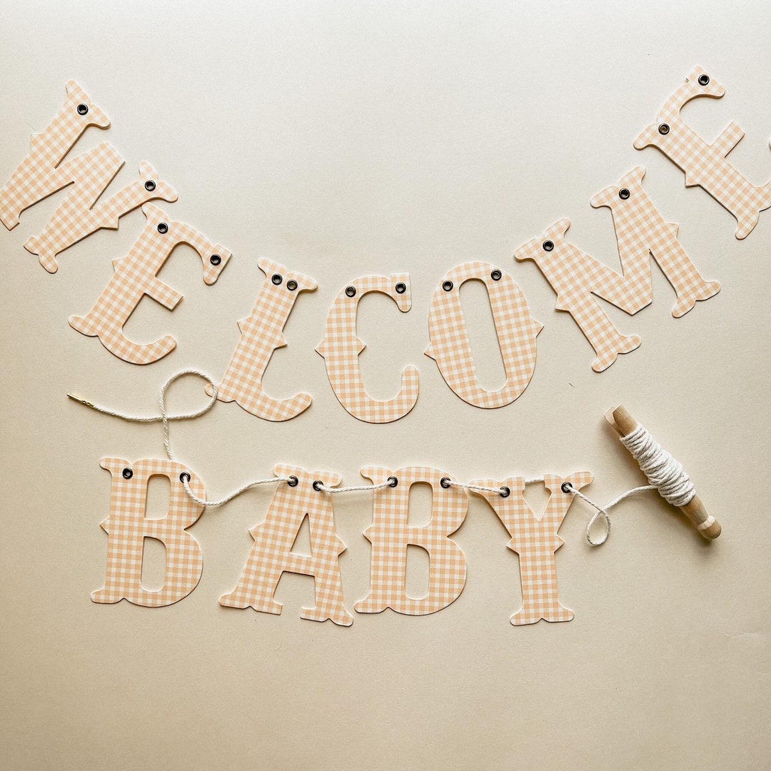 WELCOME BABY Shower Banner - Peach Gingham Party Decoration, Adjustable ...