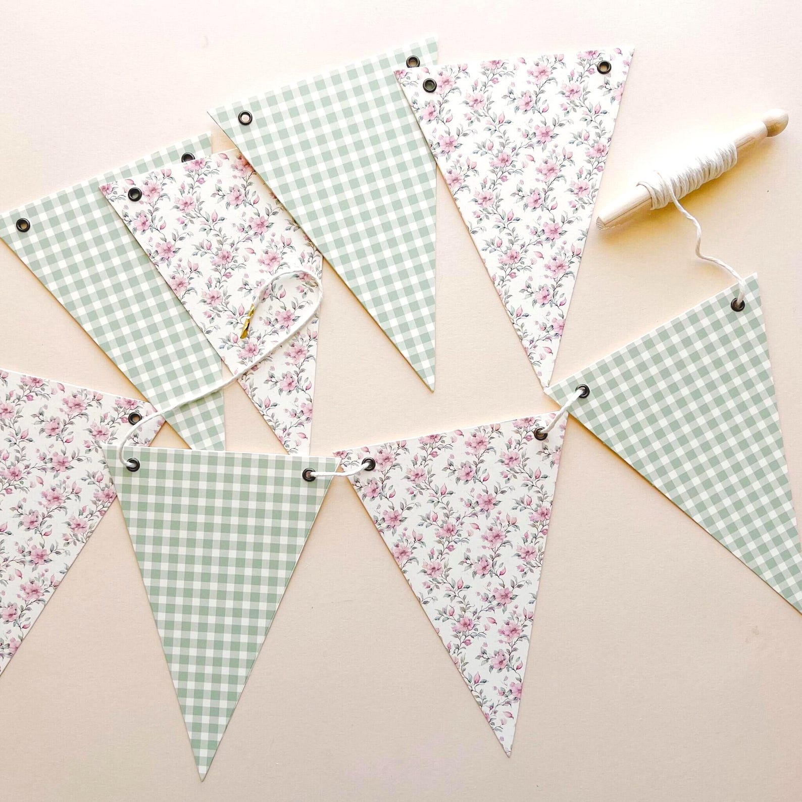 Bunting Banner Sage Green Gingham and Vintage Rose, Super Heavy Card ...