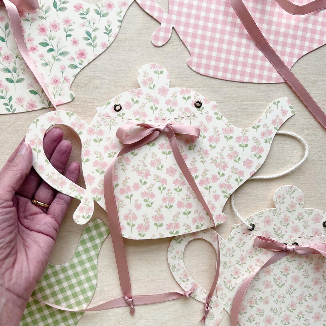 Floral Teapot Banner: Pink & Green Party Decor, 5 Large Teapots - Etsy