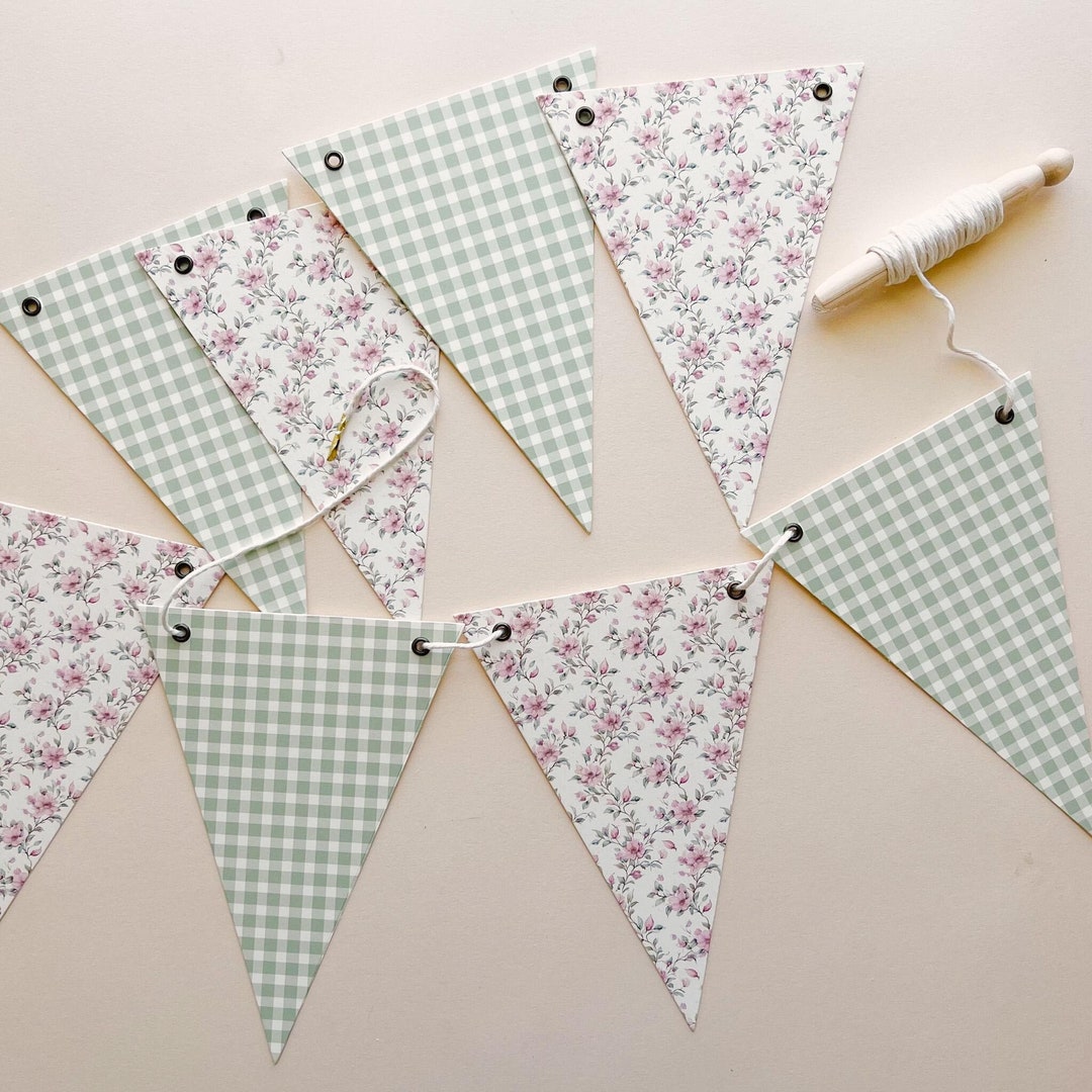Bunting Banner Sage Green Gingham and Vintage Rose, Super Heavy Card ...