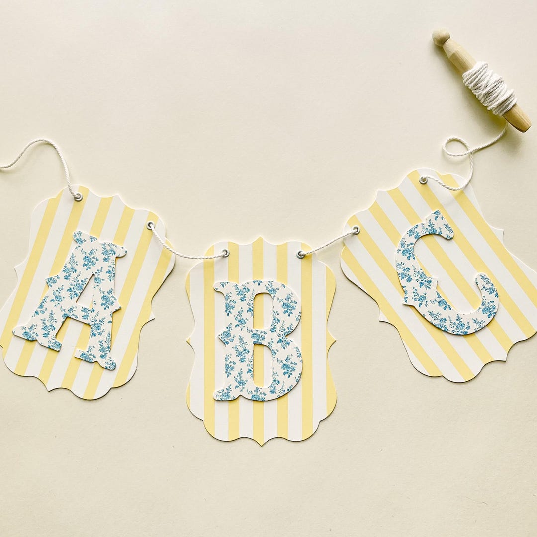 Custom Banner, Yellow Stripe Country Cottage Vintage Blue Floral ...
