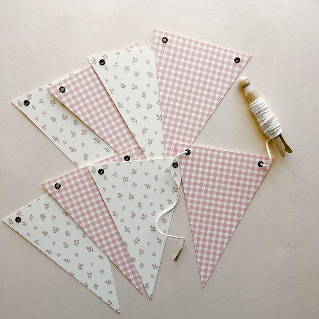 Bunting Banner Pink Gingham and Pink Rosebuds, Super Heavy Card Stock ...