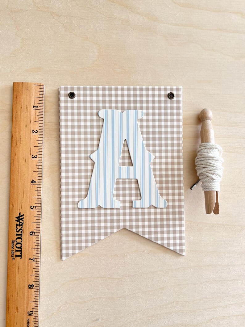 Custom Banner, Soft Brown Gingham 5x7" Pennants, 4" Small Dusty Blue ...