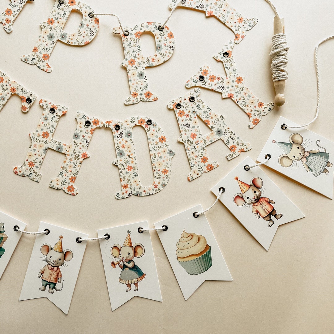Little Mouse First Birthday Banner, Cute Peach Mouse Decorations, Peach ...