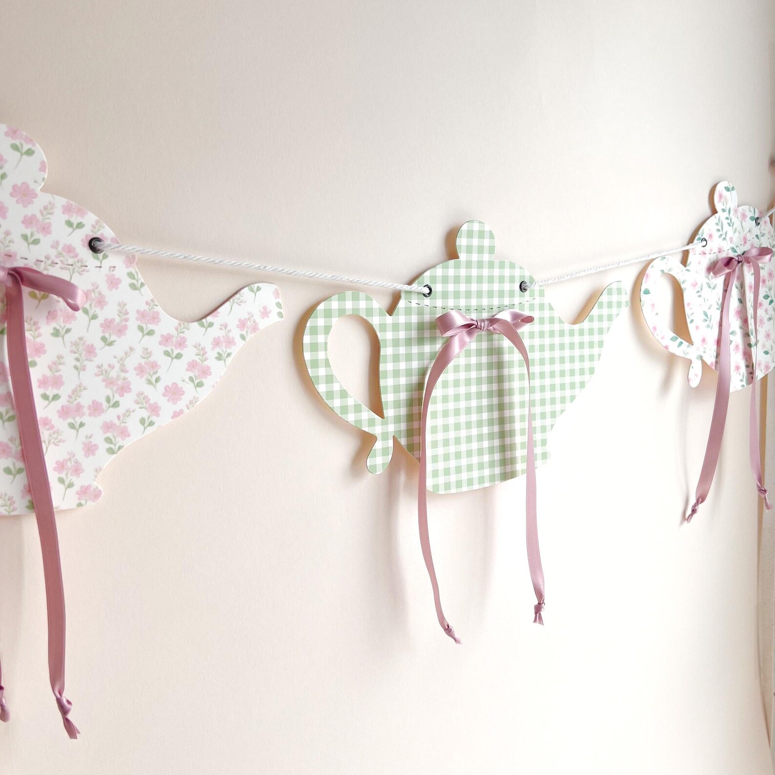 Floral Teapot Banner: Pink & Green Party Decor, 5 Large Teapots - Etsy
