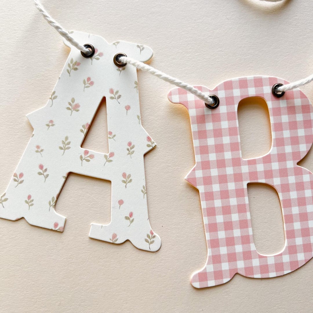 Custom Banner, Rosebud and Gingham Pink Alternating 4" Small Letters ...