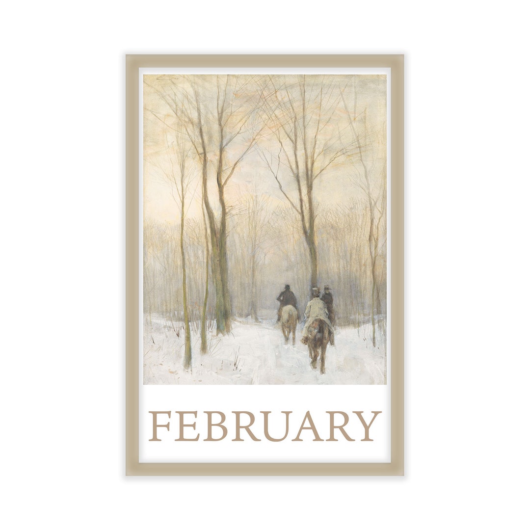 February Art Print Reproduction Vintage Antique Horses Snow Month ...