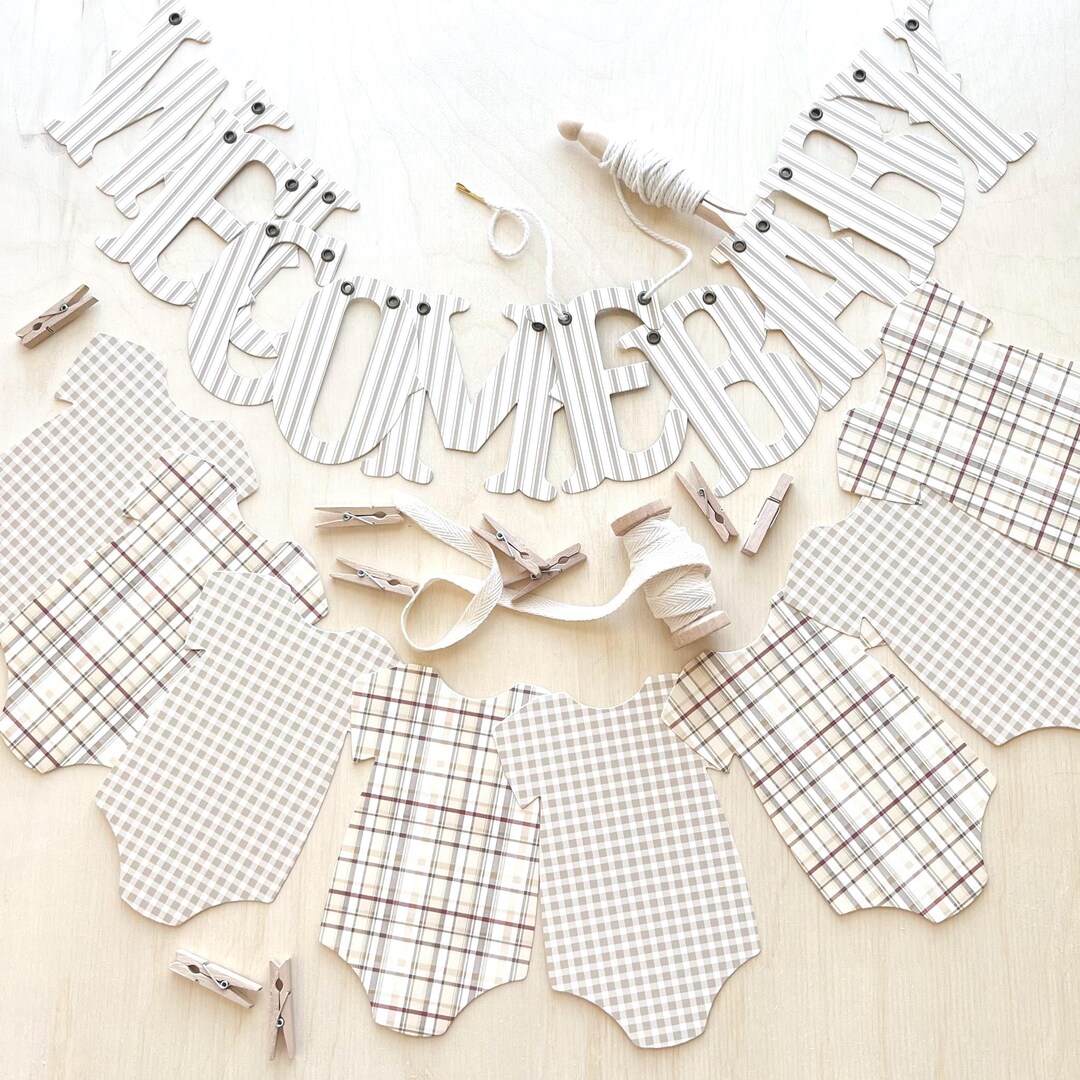 Baby Shower Decor, Tan Beige Plaid Clothesline, Welcome Baby Banner ...