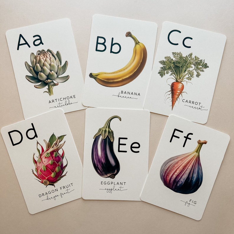 Alphabet ABC Flashcards Fruit Veggies Food 5x7" Cards, Homeschool ...