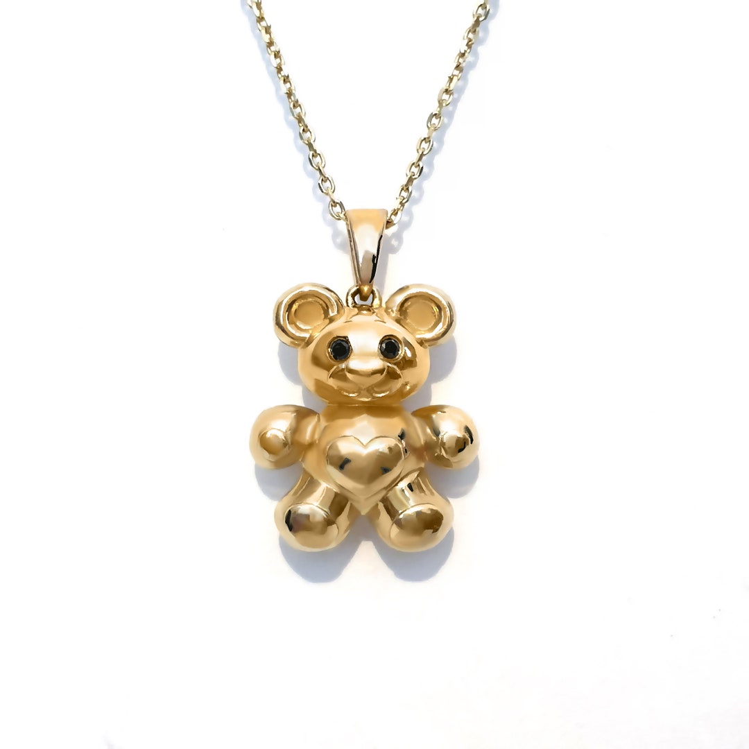 TEDDY BEAR NECKLACE, Teddy Bear Pendant in 14K Real Gold, Puffed Teddy ...