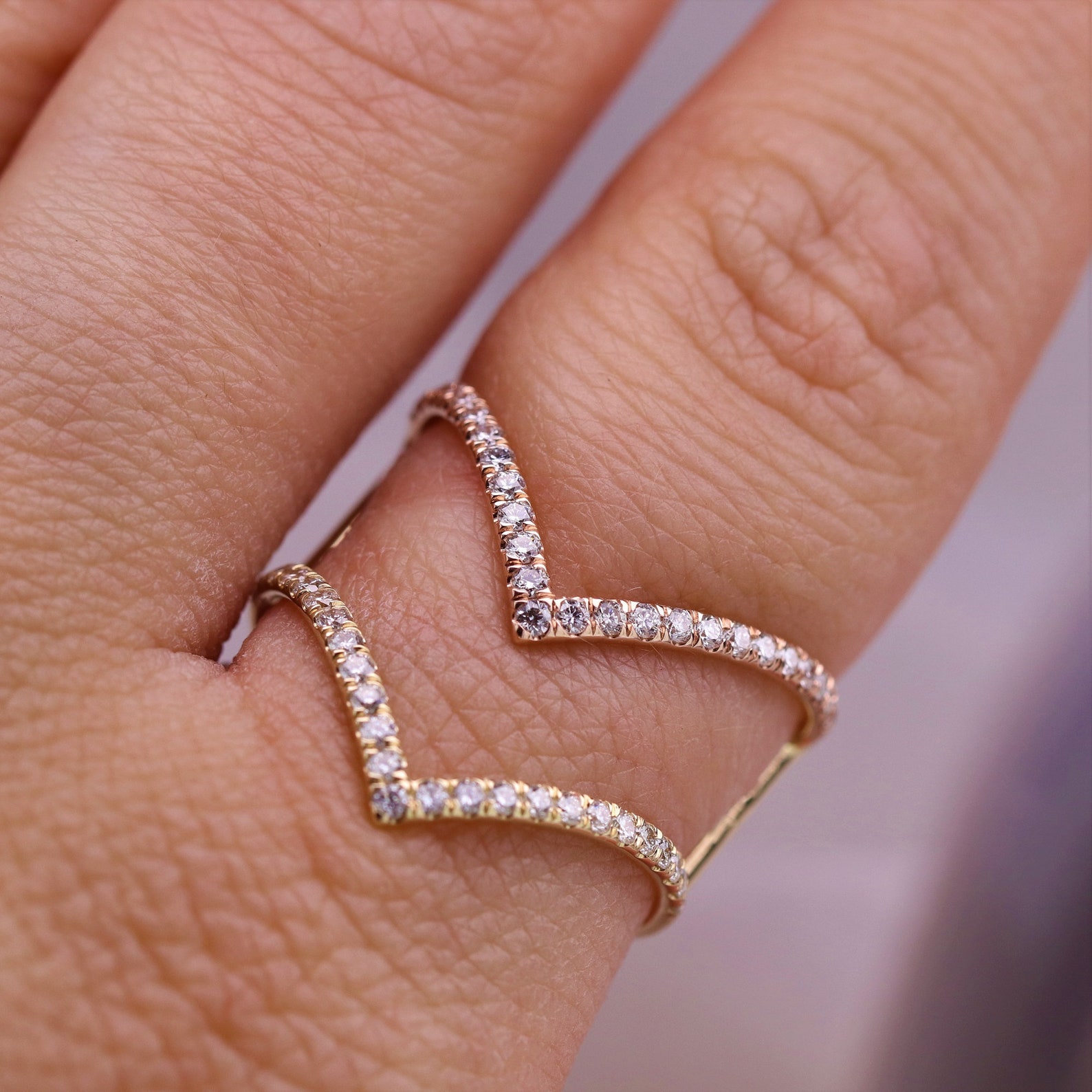 Double Diamond Ring V Shape in 14K & 18K Custom Made Design - Etsy
