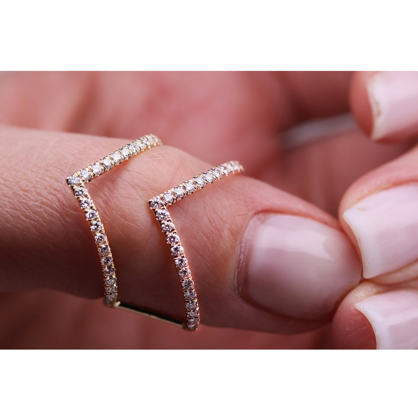 Double Diamond Ring V Shape in 14K & 18K Custom Made Design - Etsy