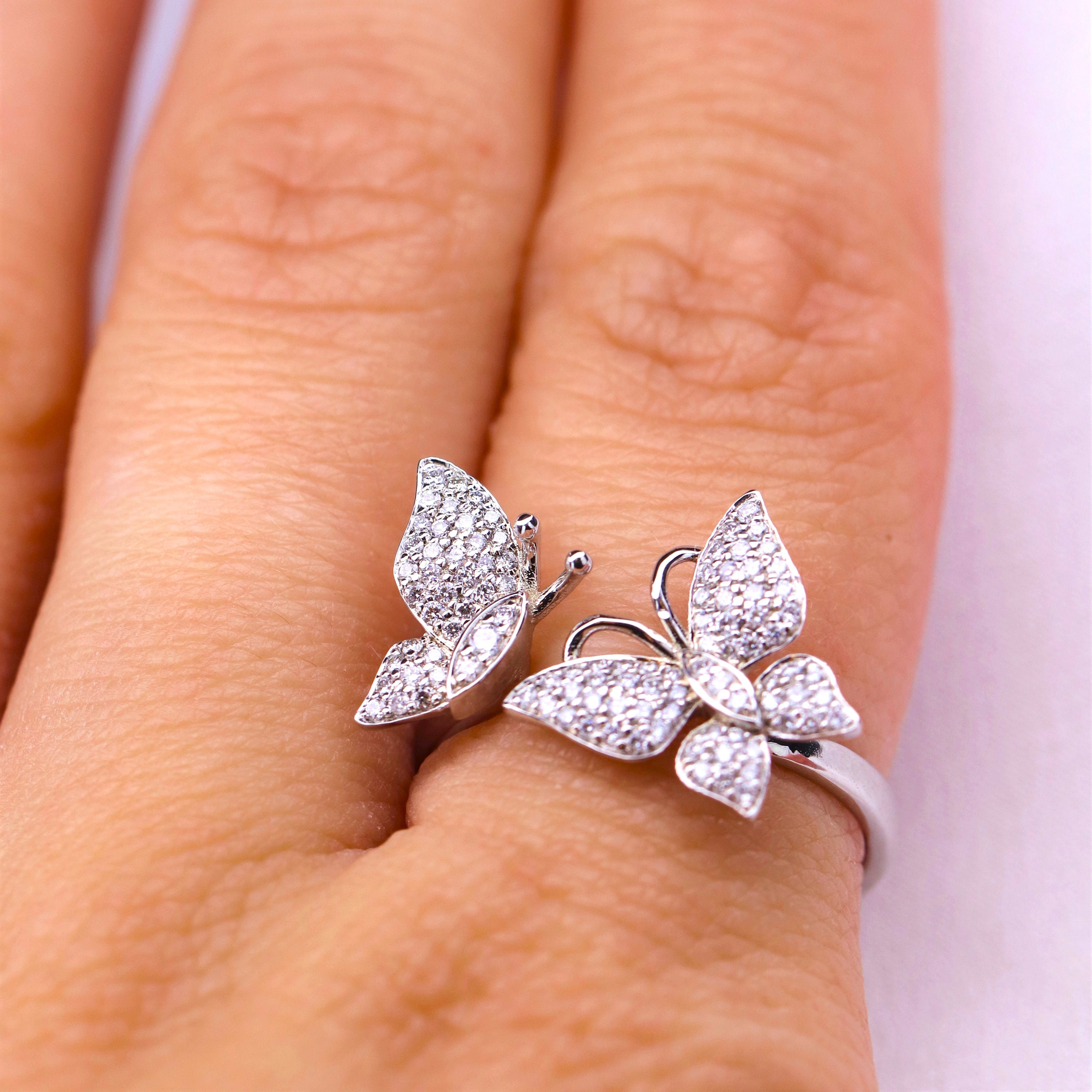 Diamond Ring Butterfly Shape in 14K White Gold 103 Diamonds- Stackable ...