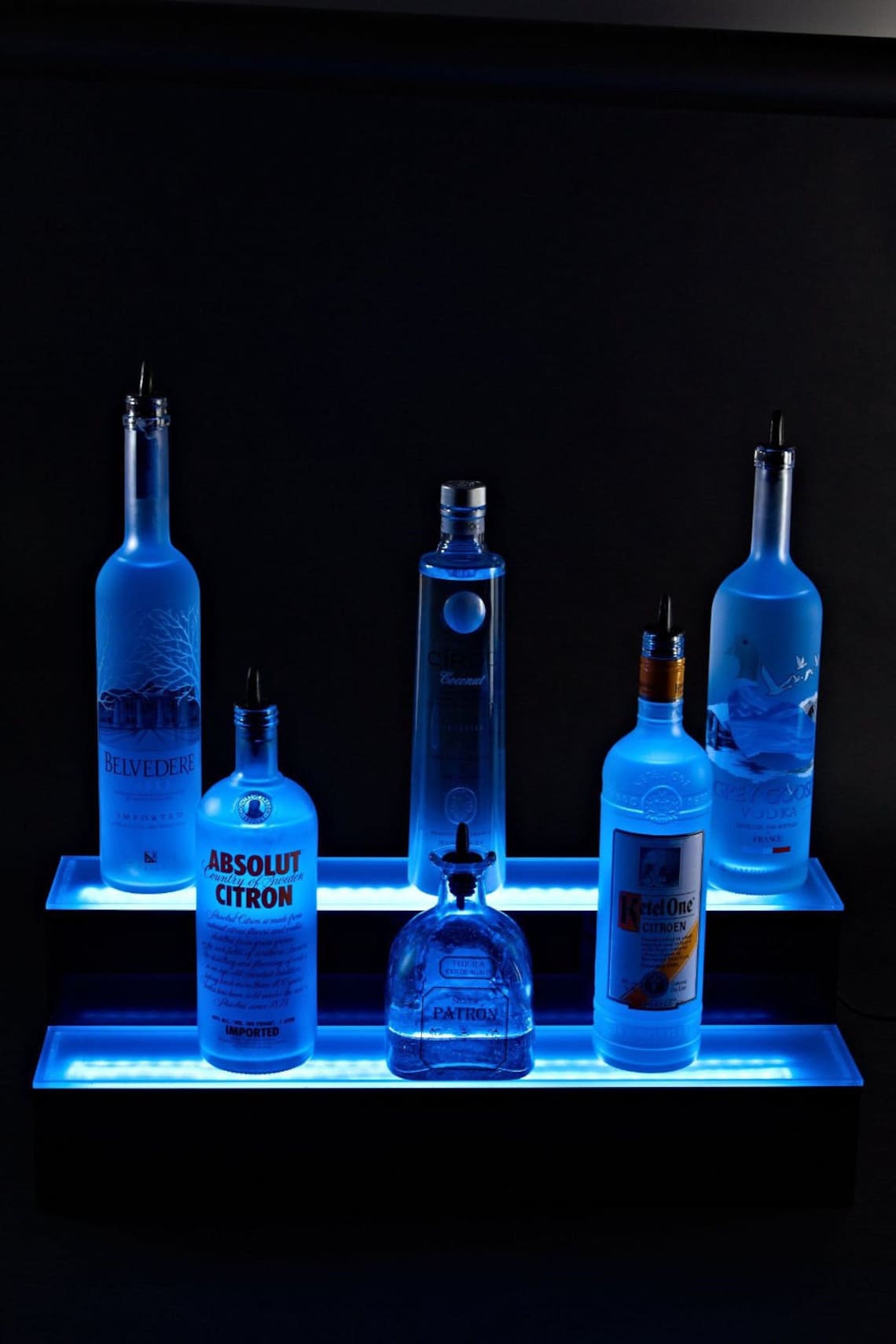 2 Tier 24 LED Lighted Liquor Shelf Bottle Display, 2 Step 24 Bottle ...