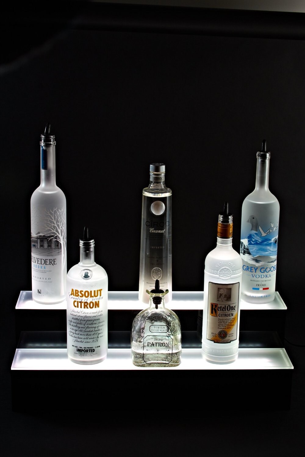 All Sizes Two Tier LED Lighted Liquor Bottle Display Shelf, 2 Step ...