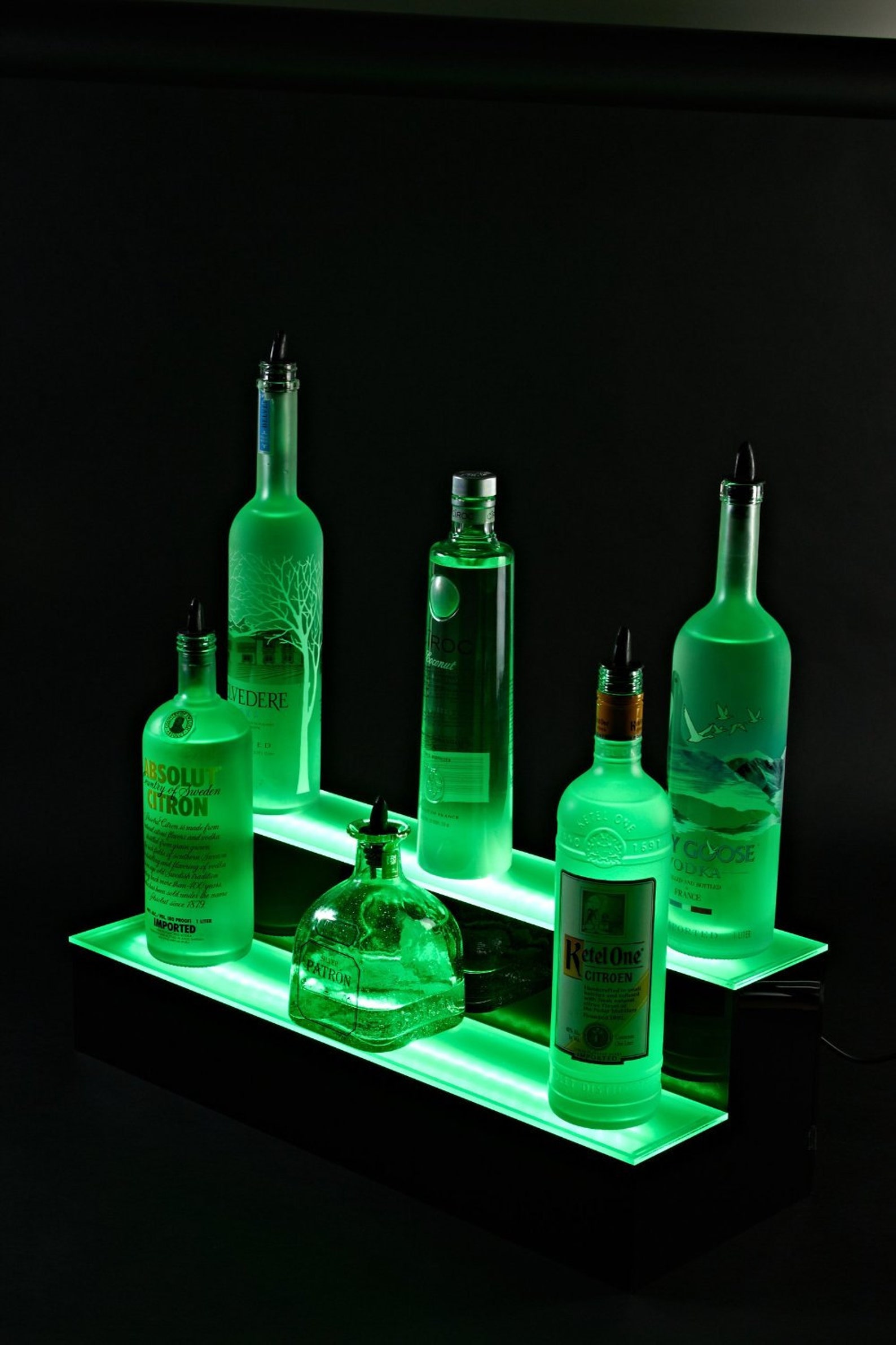 All Sizes Two Tier LED Lighted Liquor Bottle Display Shelf, 2 Step ...