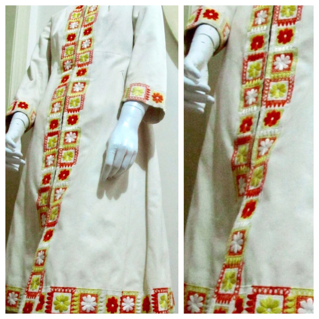 1960’s Couture Embroidered Dress Coat in Cream or off White With Orange ...