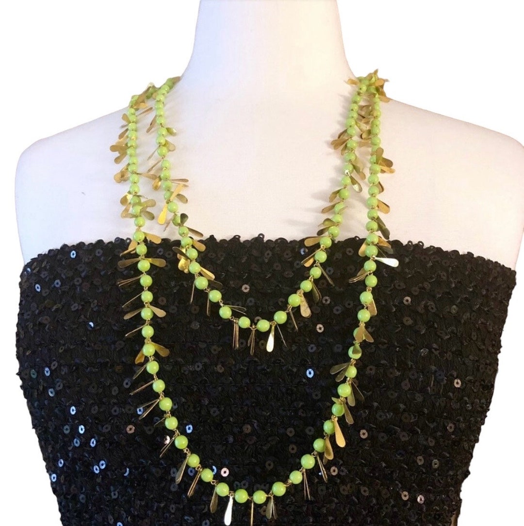 Vintage Glass Flapper Beaded Necklace With Gold Leaves, Green & Gold ...