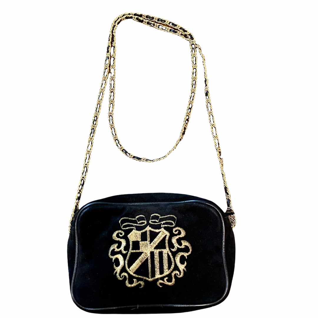 L J Simone Vintage Black & Gold Suede Purse, Gold Chain, 1980s Suede ...