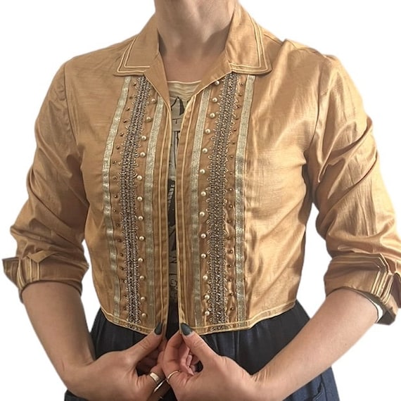 1960’s Silk Gold Beaded Cropped Jacket, Perfect Vinta… - Gem