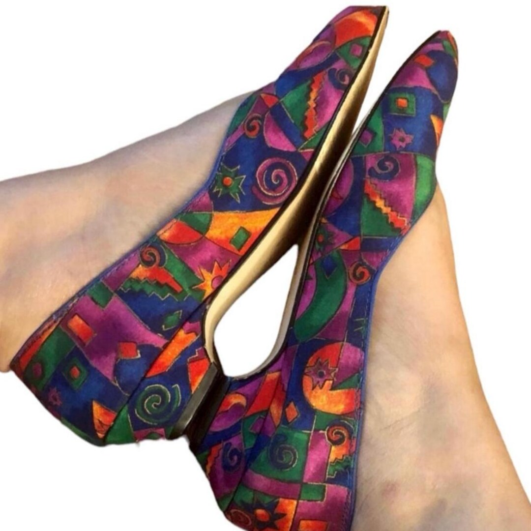 1980’s Vintage Bright Colorful Flats, Bold Jeweled Tone Bright Slip on ...