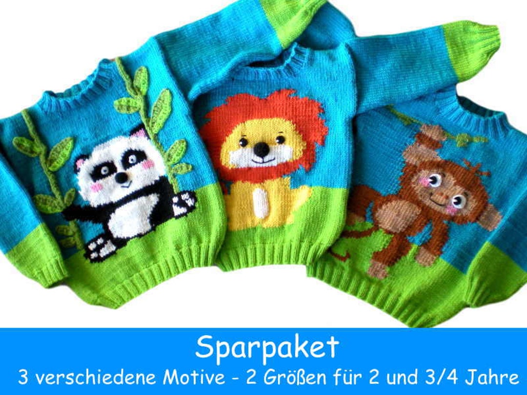 3 Different Knitting Pattern, Jumper, Sweater, Wild Animals - Monkey ...