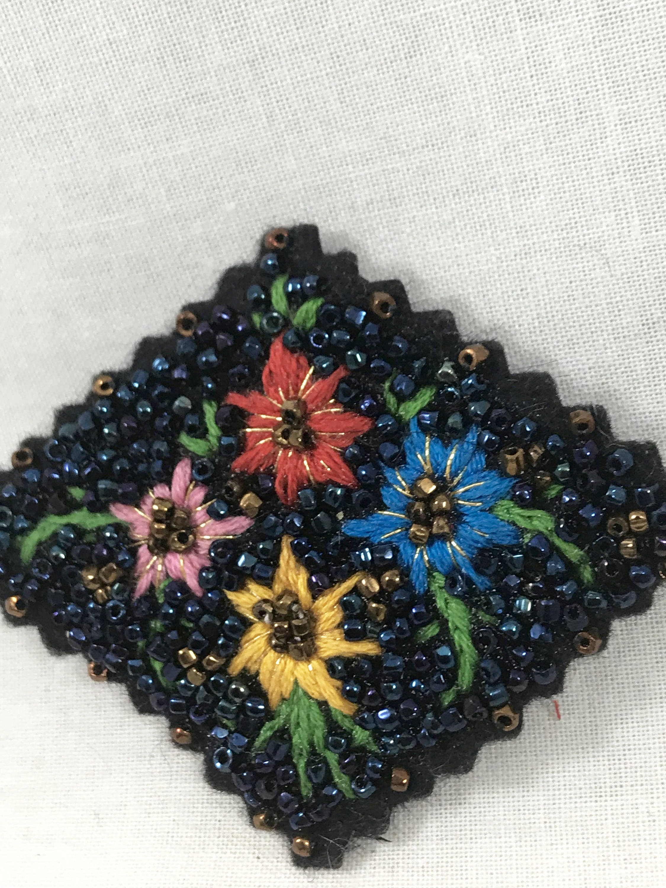 Embroidered Antique Beaded Flower Brooch Floral Diamond Shaped Pin ...