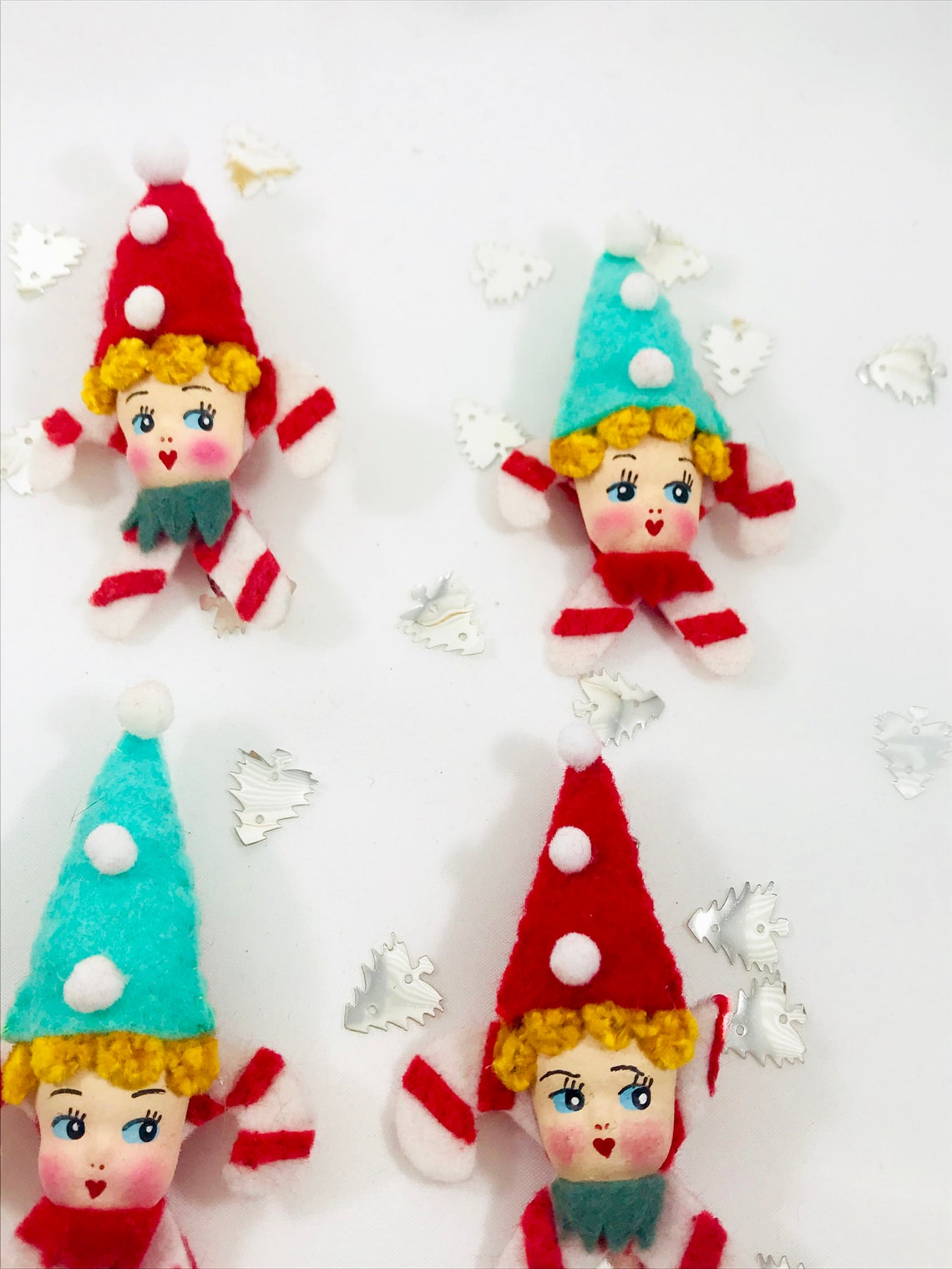 Vintage Elf Candy Cane Brooches Doll Head Elves Christmas Composition ...