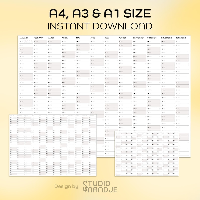 2026 Printable Year Calendar – A1 A3 A4 Wall or Desk Planner – Instant ...