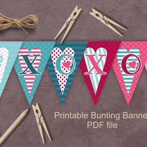 Valentine XOXO Bunting Banner Printable Valentine's Day Decoration Pink ...