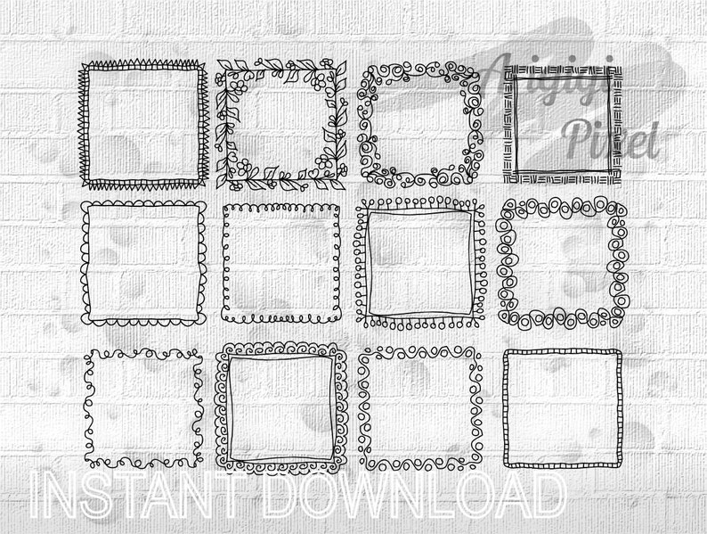 Doodle square frames clip art set Gráfico digital dibujado a mano ...