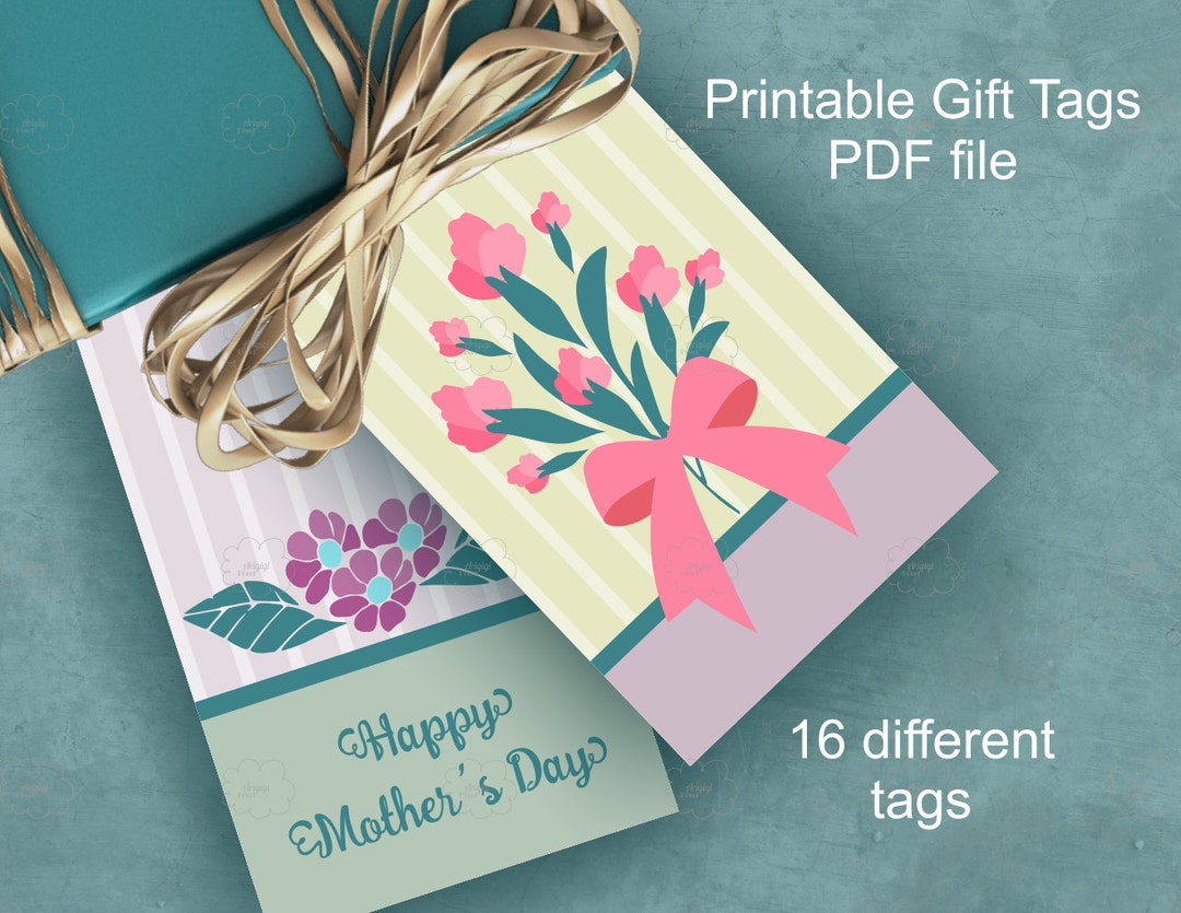 Printable Gift Tags With Spring Flowers Bouquet Green Purple Set of 16 ...