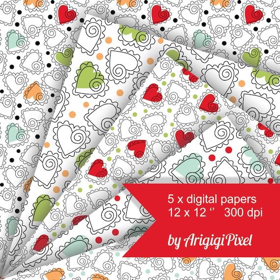 Seamless Hearts Digital Paper Set - Hand Drawn Love Symbol Pattern ...