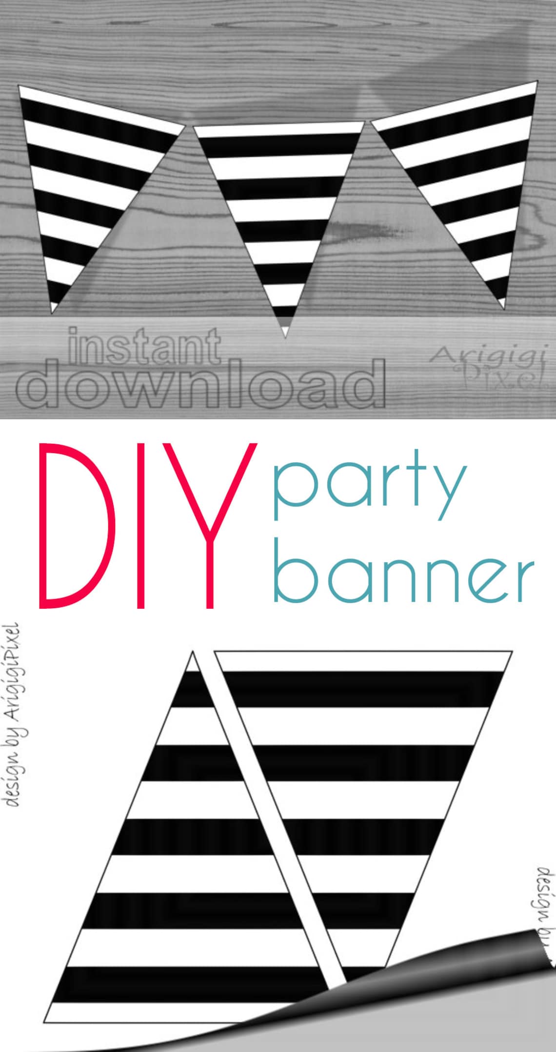 Instant Download Printable Striped Pennants Black and - Etsy