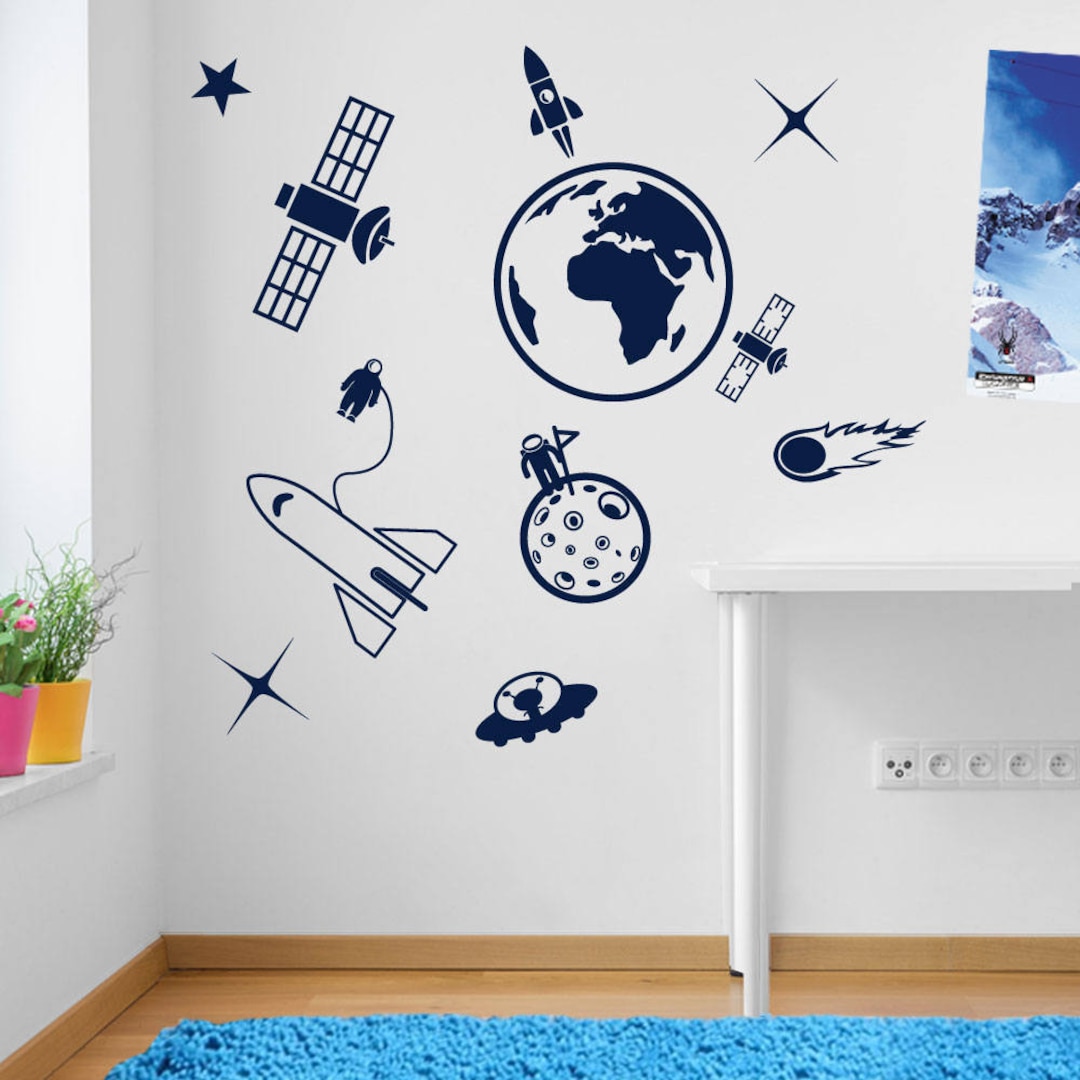 Earth Space Ship Rocket Satellite Wall Window Stickers Decals Kids ...