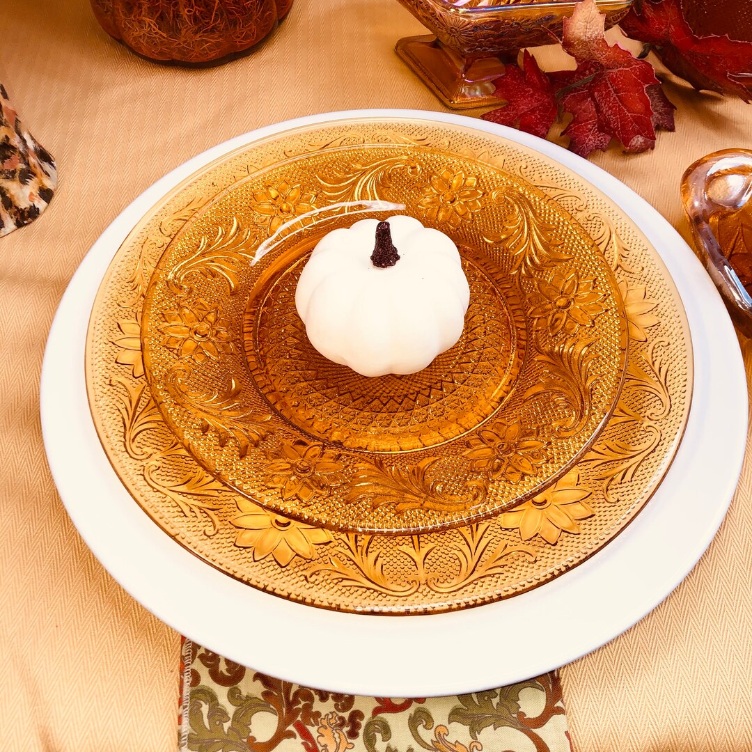 Indiana Glass Gold Tiara Amber Dinner Plates. Vintage Authentic Hobnail ...