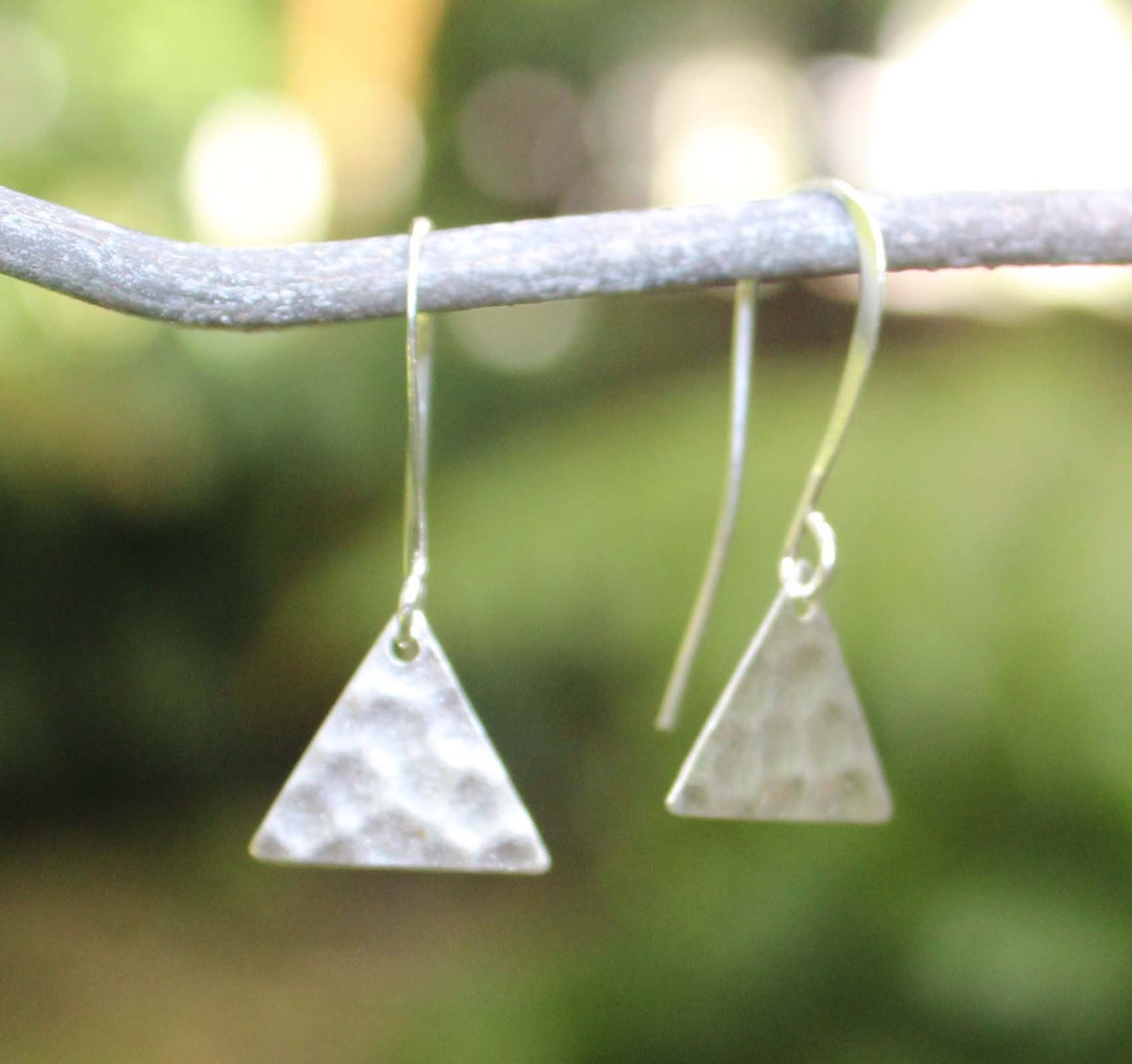 Hammered Silver Triangle Dangle Earrings, Tiny Silver Plated Earrings ...