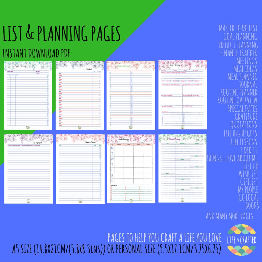 PDF PRINTABLE - A5 Size - List and Planning Pages - FLOURISH Design - Etsy