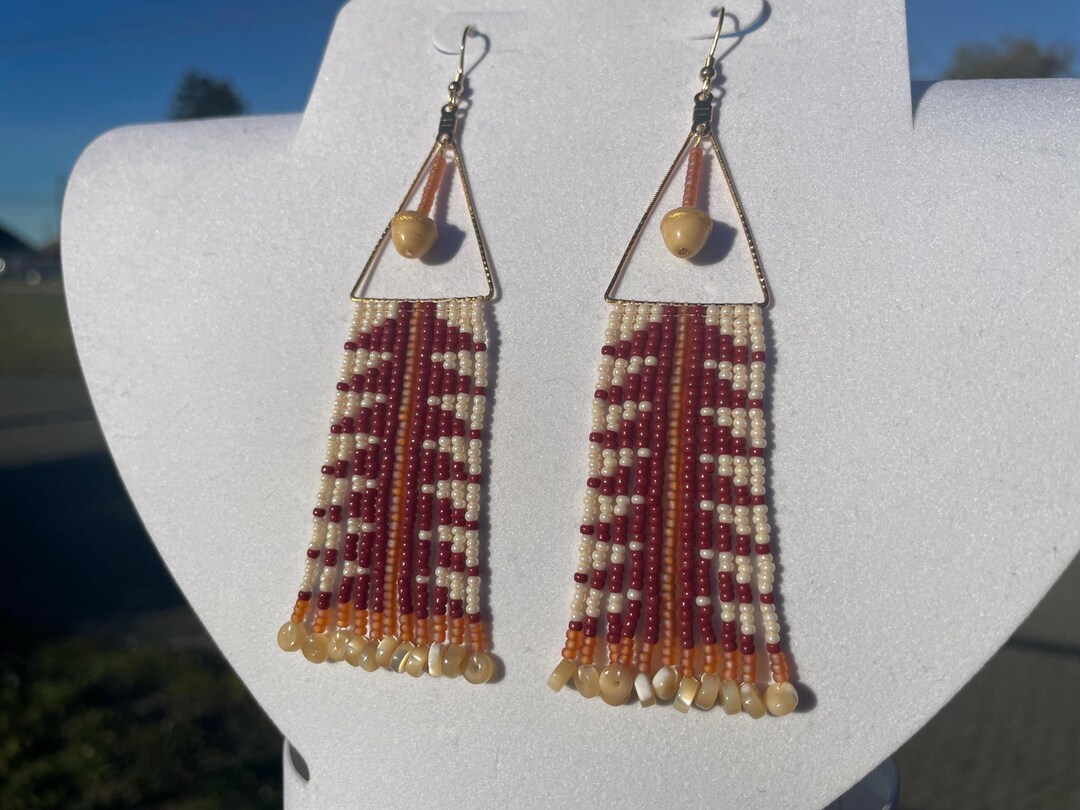 Neutral Sturgeon Back Pattern Hand Beaded Long Dangle Earrings Shell ...