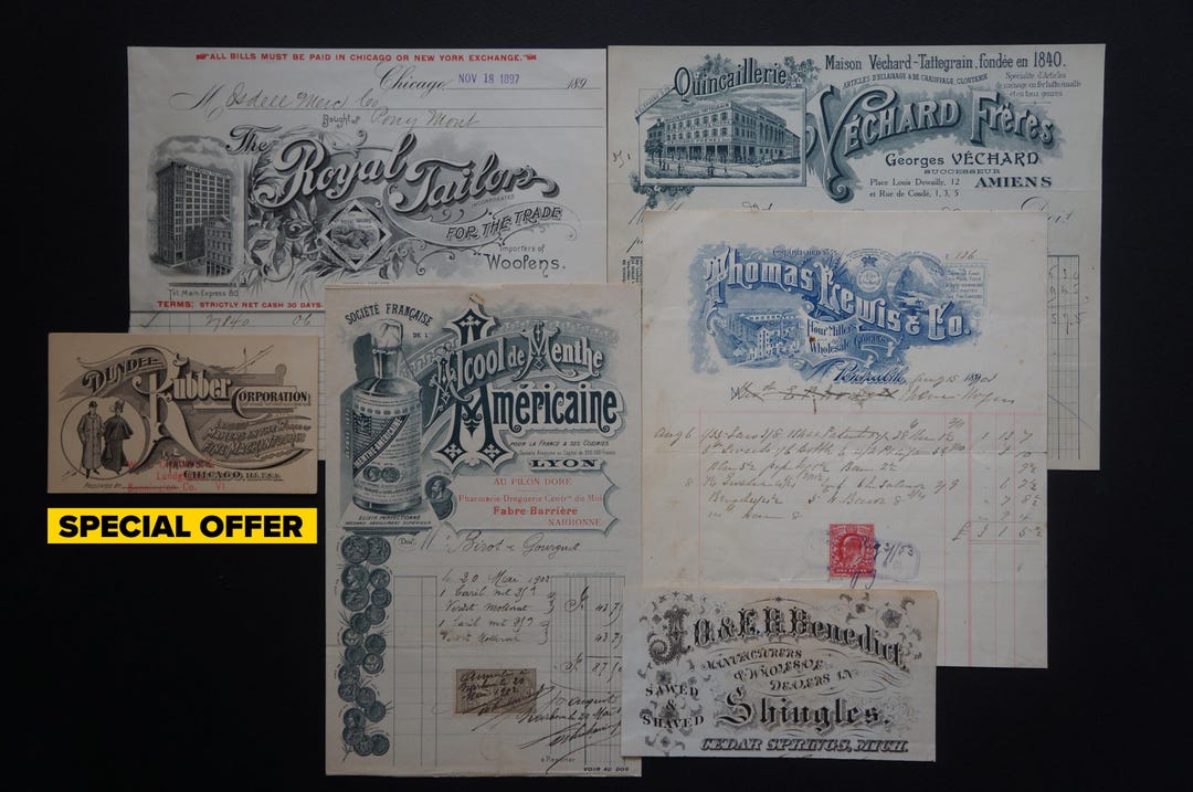 4 Vintage Original Billheads and 2 Business Card With Beautiful ...