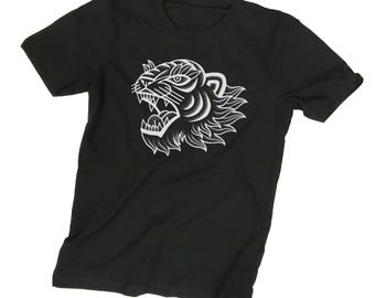 Tiger Face Line Drawing Mens T Shirt Printed in an Eco-friendly Water ...