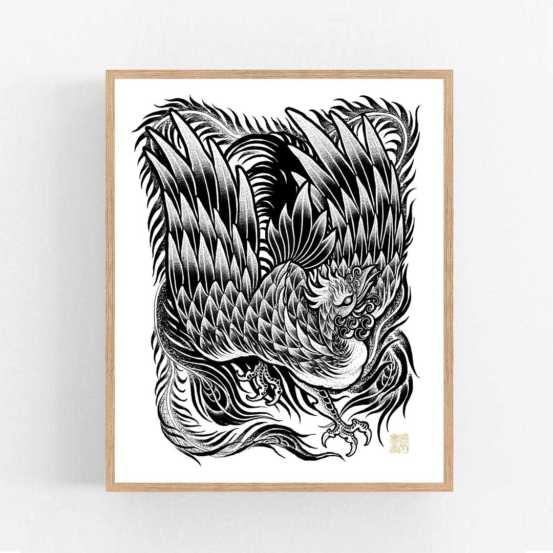 Japanese Phoenix Stipple Ink Drawing Archival Matte Paper Print - Etsy