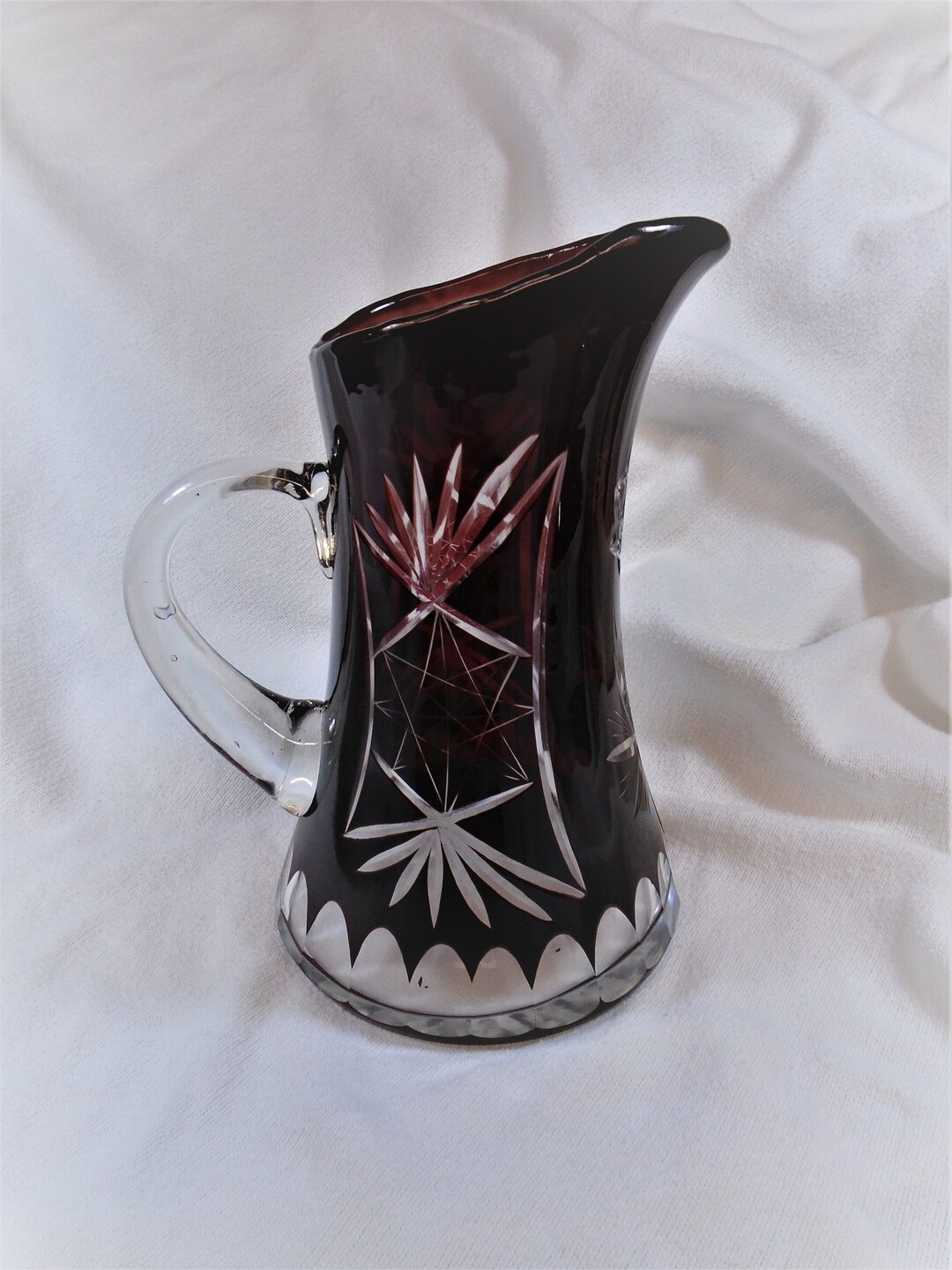 Ruby Red Bohemian Crystal Pitcher Cut to Clear Glass Carafe Pinwheel ...