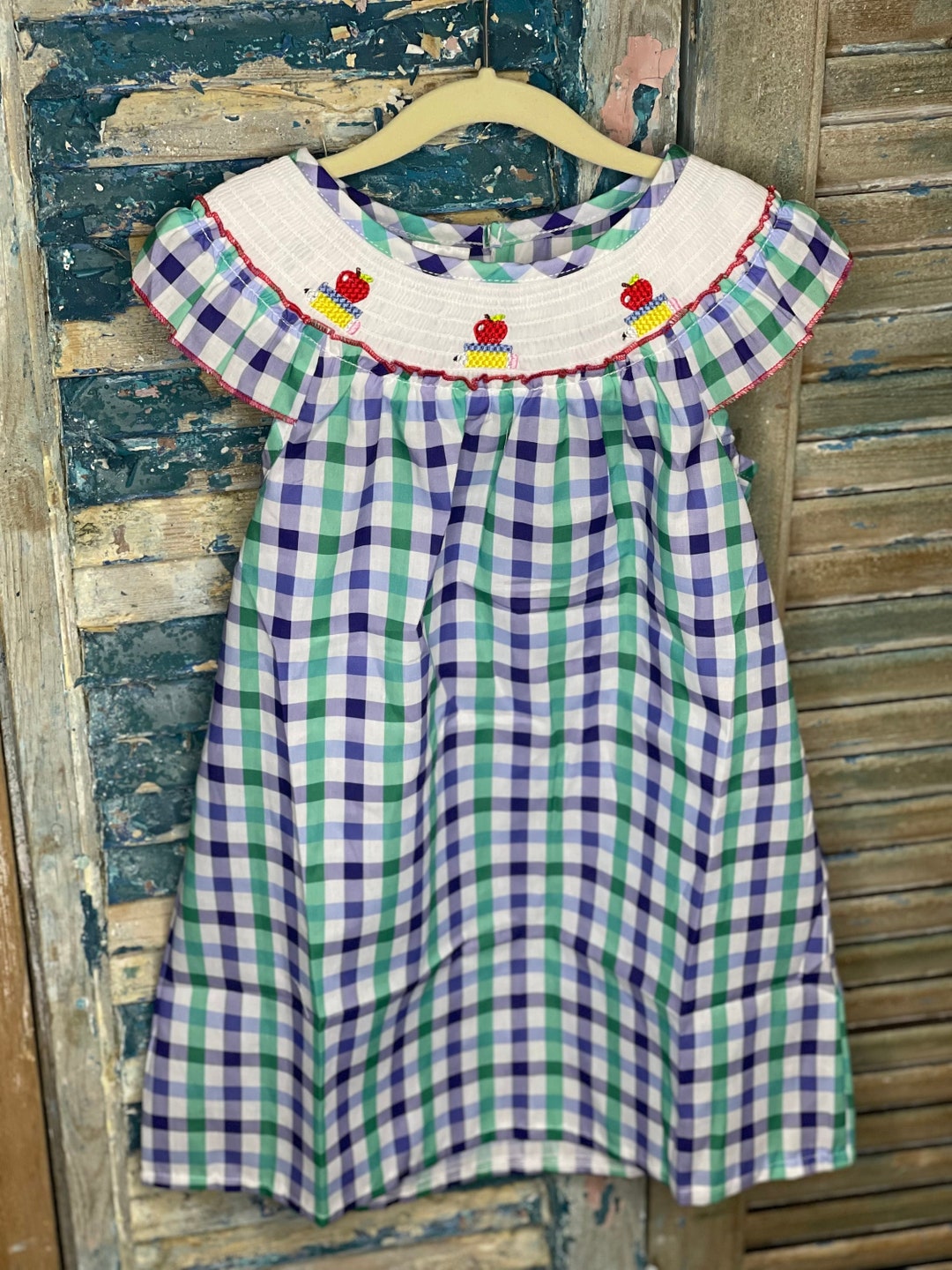 Girl Smocked Back to School/teacher/apple Blue and Green Smock/bishop ...