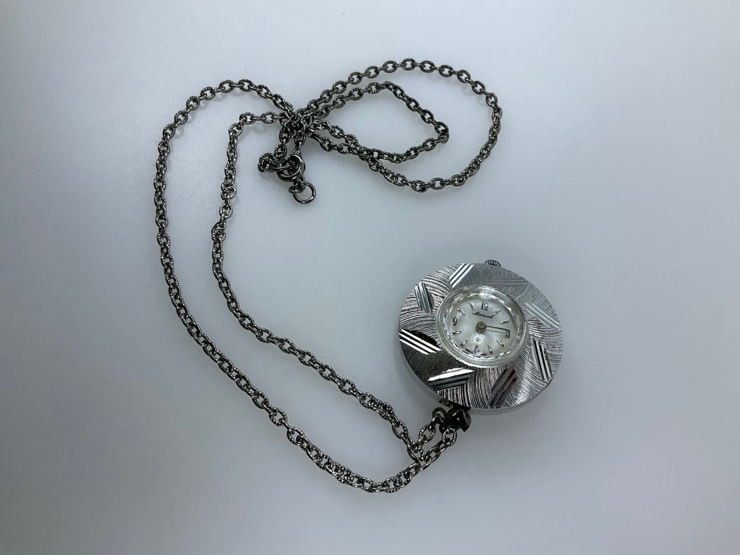 Vintage Marcel 24” Necklace Silver Toned Round Watch Brushed Diamond ...